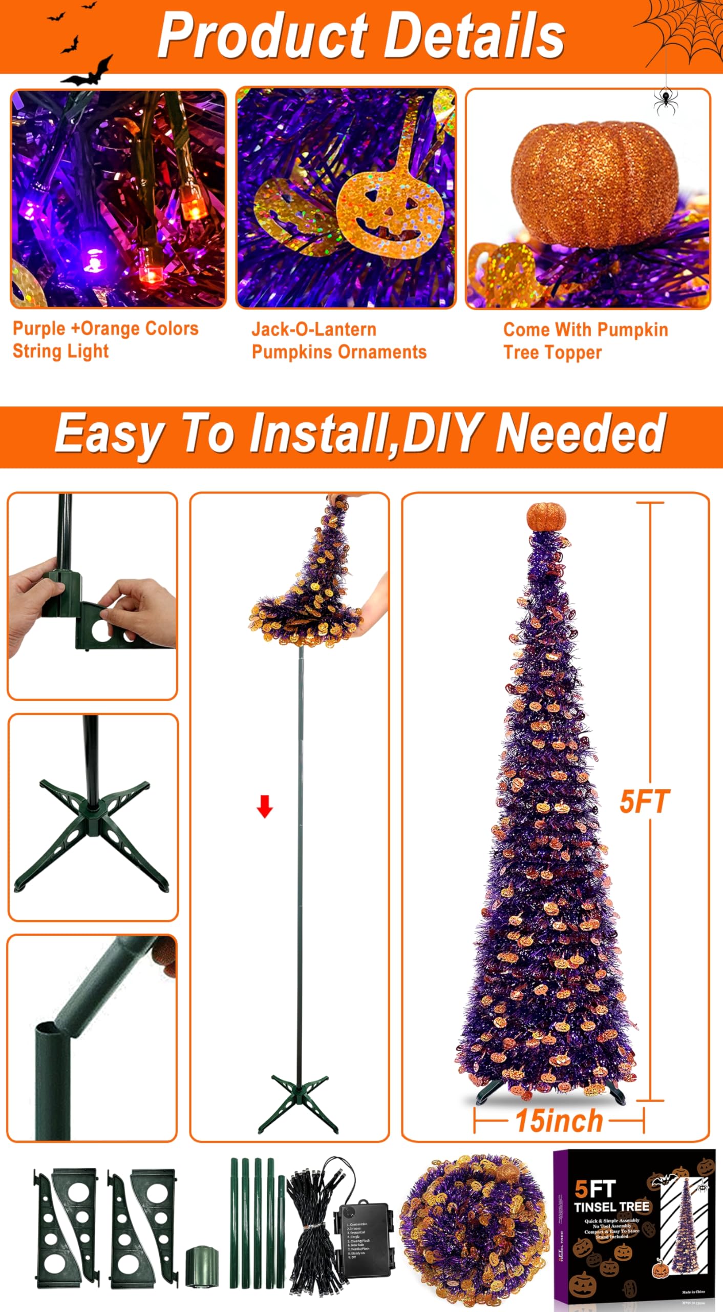 [ Orange & Purple Lights ] 5 Ft Halloween Black Christmas Tree Timer DIY 50 Lights Battery Operated Pumpkin Top Sequin Tinsel Artificial Pop Up Pencil Scary Halloween Decoration Home Indoor Outdoor