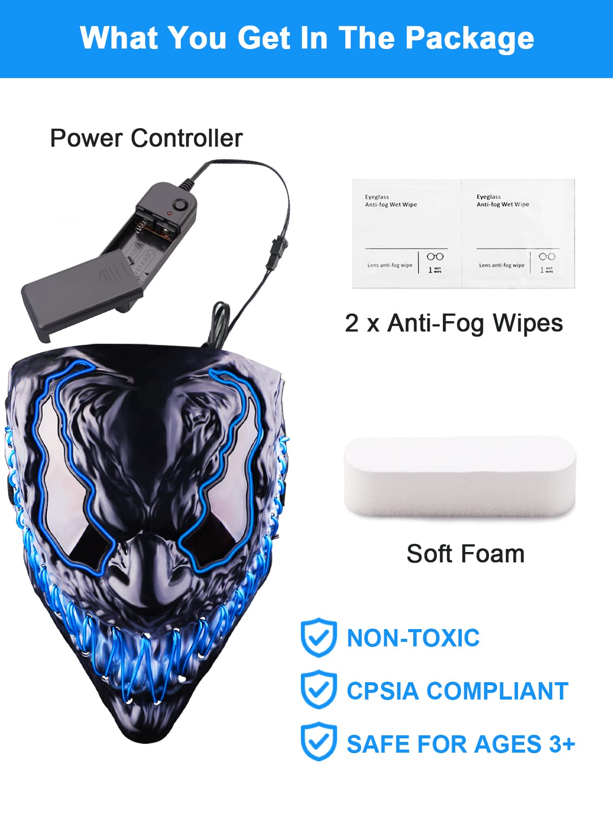 Quanquer LED Light Up Mask for Adults Kids, Unique Neon Glow Masks with Dark and Evil Glowing Eyes, Conspicuous Menacingly Cool Halloween Costume for Men Women Cosplay-Blue