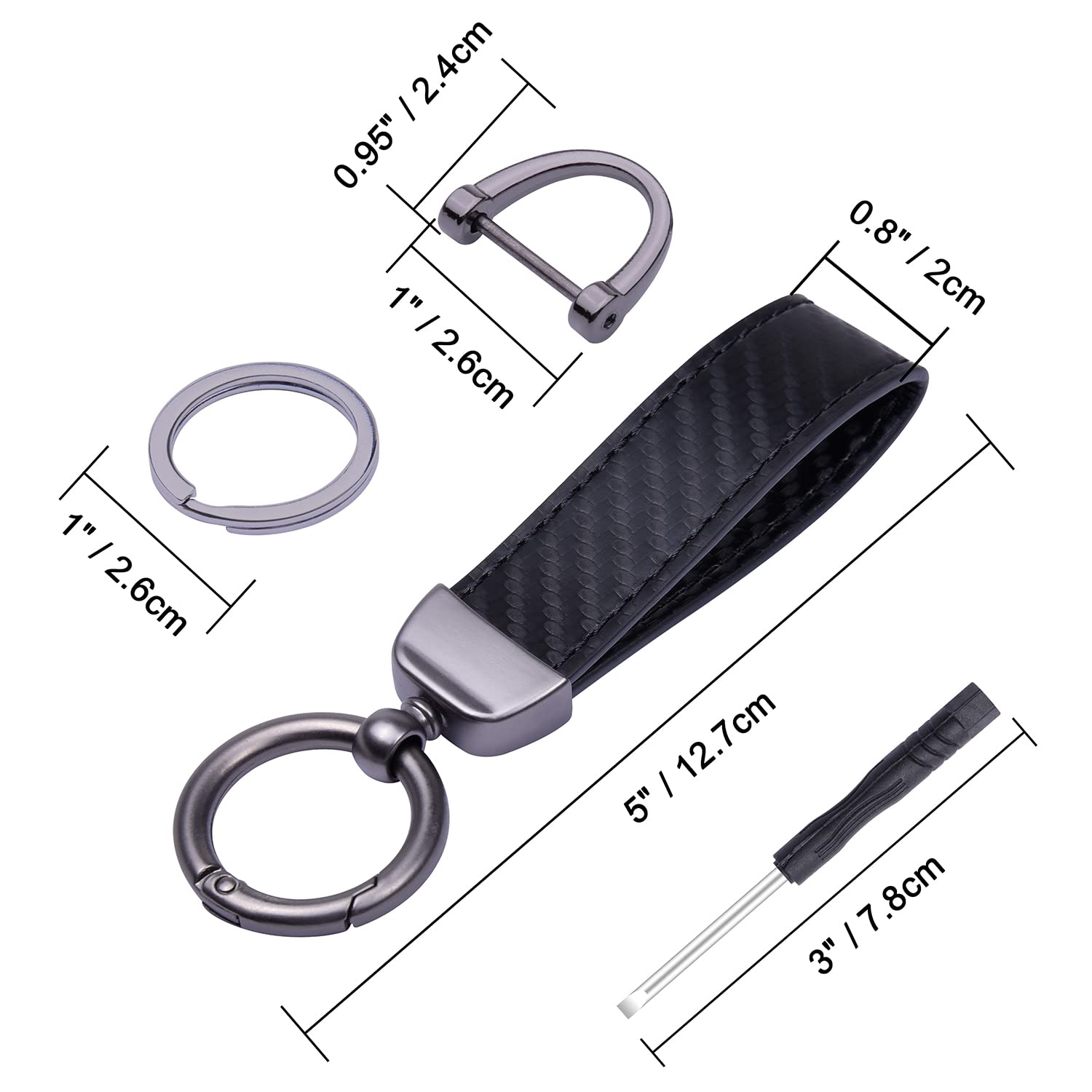 Wisdompro Carbon Fiber Style Car Keychain, Microfiber Leather Key Chain, Universal Key FOB Keychain Holder for Men and Women, with Anti-lost D-ring, 3 Keyrings - Black (with flat connector)
