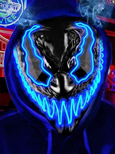Quanquer LED Light Up Mask for Adults Kids, Unique Neon Glow Masks with Dark and Evil Glowing Eyes, Conspicuous Menacingly Cool Halloween Costume for Men Women Cosplay-Blue