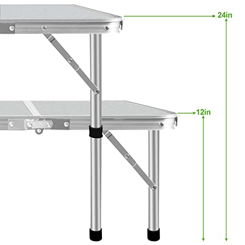JUOIFIP Folding Camping Table Outdoor, 2 Adjustable Height Portable Folding Camping Table for Camp, Lightweight Aluminum Fold Up Camp Table for Picnic, BBQ, Party, Travel, Home Use. White
