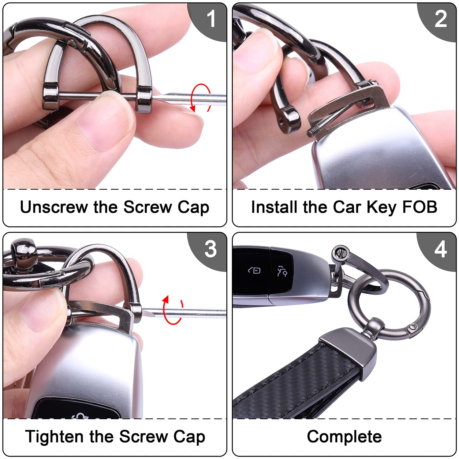 Wisdompro Carbon Fiber Style Car Keychain, Microfiber Leather Key Chain, Universal Key FOB Keychain Holder for Men and Women, with Anti-lost D-ring, 3 Keyrings - Black (with flat connector)