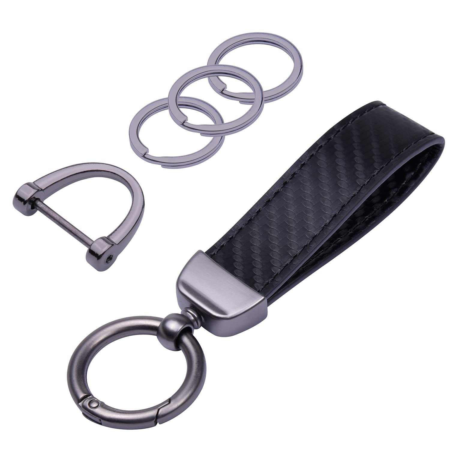 Wisdompro Carbon Fiber Style Car Keychain, Microfiber Leather Key Chain, Universal Key FOB Keychain Holder for Men and Women, with Anti-lost D-ring, 3 Keyrings - Black (with flat connector)