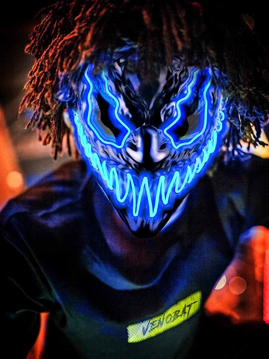 Quanquer LED Light Up Mask for Adults Kids, Unique Neon Glow Masks with Dark and Evil Glowing Eyes, Conspicuous Menacingly Cool Halloween Costume for Men Women Cosplay-Blue
