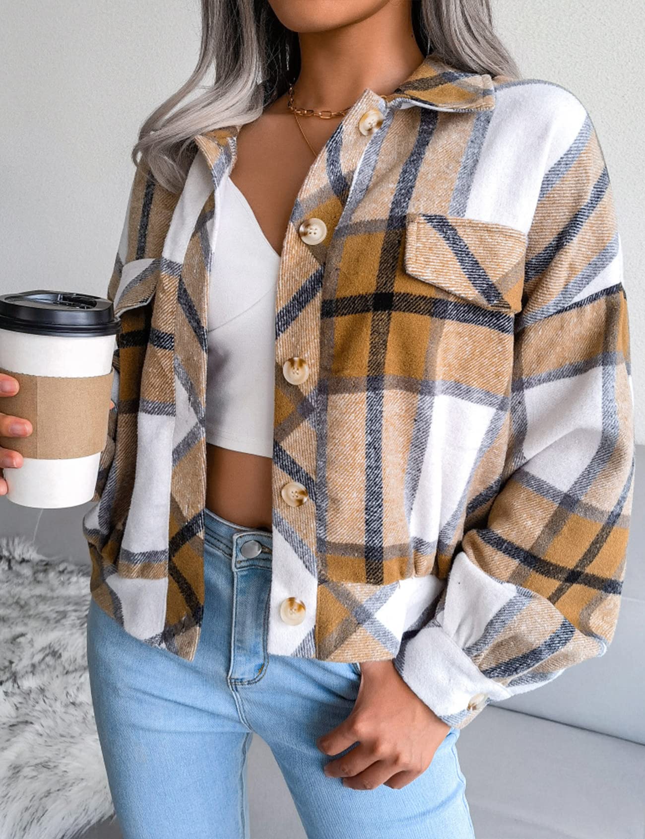 Gihuo Women' s Cropped Shacket Plaid Jacket Button Down Flannel Shirts Outerwear(Khaki-Large)