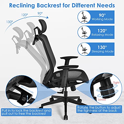 POWERSTONE Ergonomic Mesh Office Chair - High-Back Chair with Clothing Hanger - Computer Desk Chair with Mesh Seat Cushion - Executive Swivel Task Chair with Adjustable Arms and Head Rest - Black