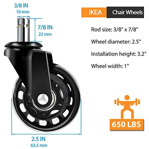 Office Chair Wheels 10mm Stem-ONLY Compatible With IKEA Chairs (Set of 5)- 2.5 inch Chair Wheels Replacement Polyurethane Protection Your Hardwood Floors Without Any Chair Mats(3/8" x 7/8" Stem)