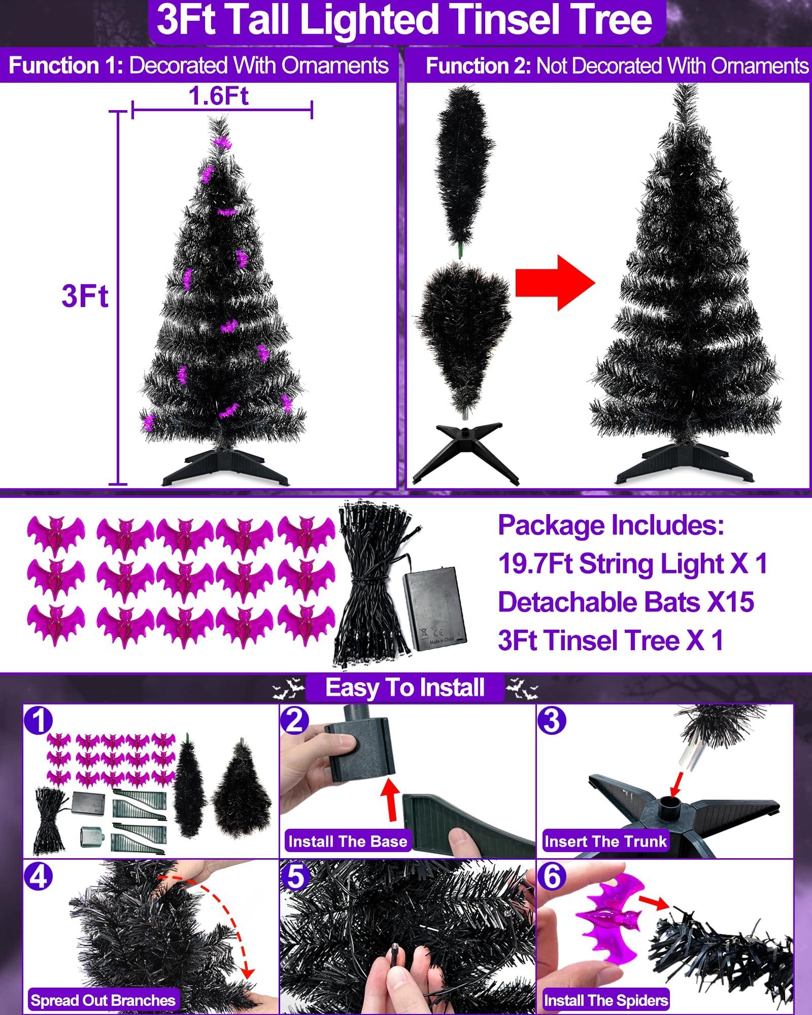 8 Modes TURNMEON 3 Ft Halloween Black Tree Decor with Timer 50 LEDs Lights Small Halloween Tree Battery Powered Artificial Black Xmas Tabletop Halloween Tree Decorations Home Indoor Outdoor Party