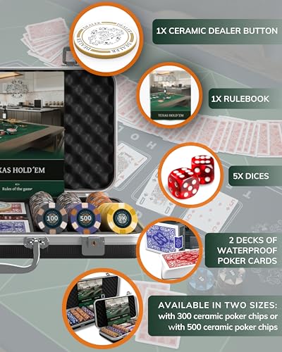Bullets Playing Cards Poker Sets with Case - Versatile Denominations for Poker, Blackjack, & Casino Games - Durable & Complete Set - Poker Case with 300 Ceramic Poker Chips 'Richie' with Values