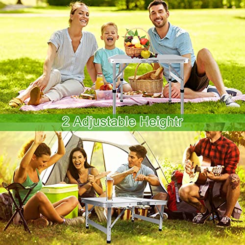 JUOIFIP Folding Camping Table Outdoor, 2 Adjustable Height Portable Folding Camping Table for Camp, Lightweight Aluminum Fold Up Camp Table for Picnic, BBQ, Party, Travel, Home Use. White