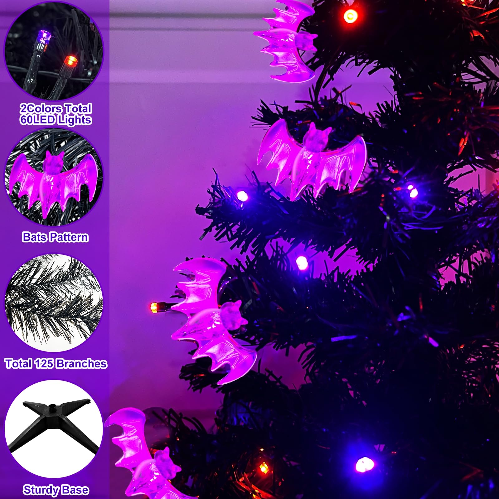 8 Modes TURNMEON 3 Ft Halloween Black Tree Decor with Timer 50 LEDs Lights Small Halloween Tree Battery Powered Artificial Black Xmas Tabletop Halloween Tree Decorations Home Indoor Outdoor Party