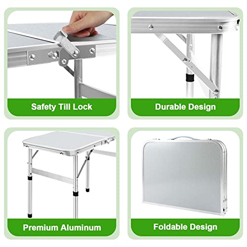 JUOIFIP Folding Camping Table Outdoor, 2 Adjustable Height Portable Folding Camping Table for Camp, Lightweight Aluminum Fold Up Camp Table for Picnic, BBQ, Party, Travel, Home Use. White