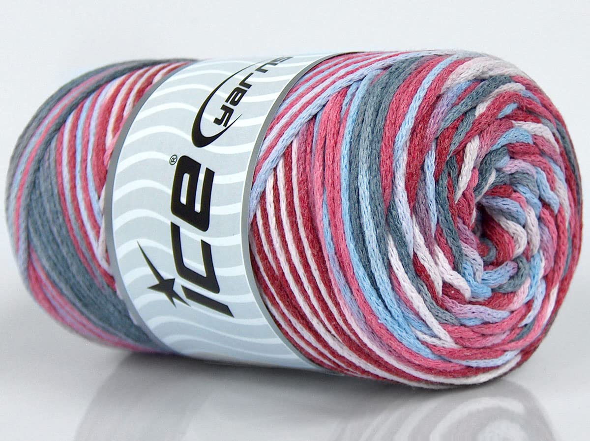 250 gr ICE YARNS Macrame Cotton Print (80% Cotton) Yarn Red Pink Shades Grey Light Blue