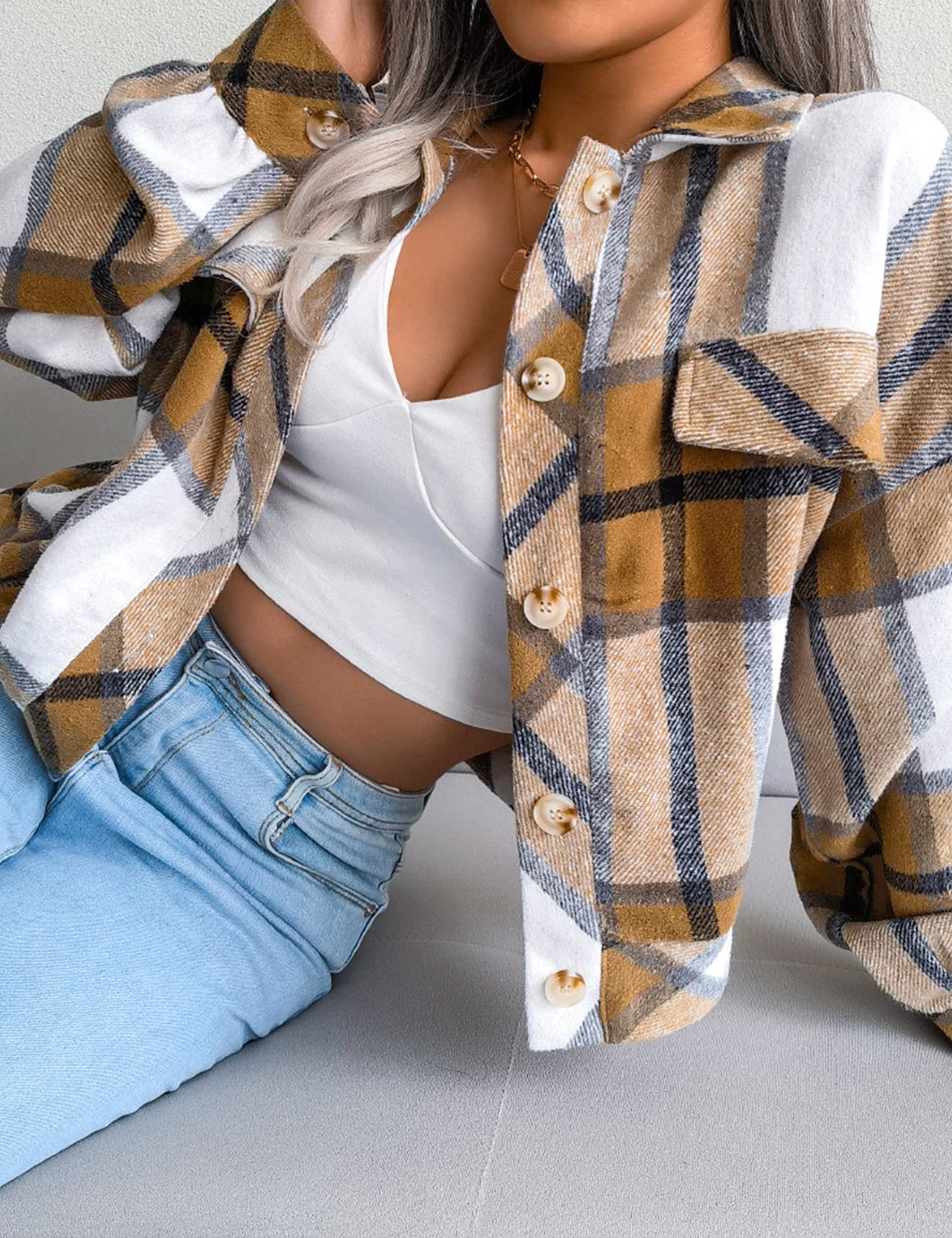 Gihuo Women' s Cropped Shacket Plaid Jacket Button Down Flannel Shirts Outerwear(Khaki-Large)