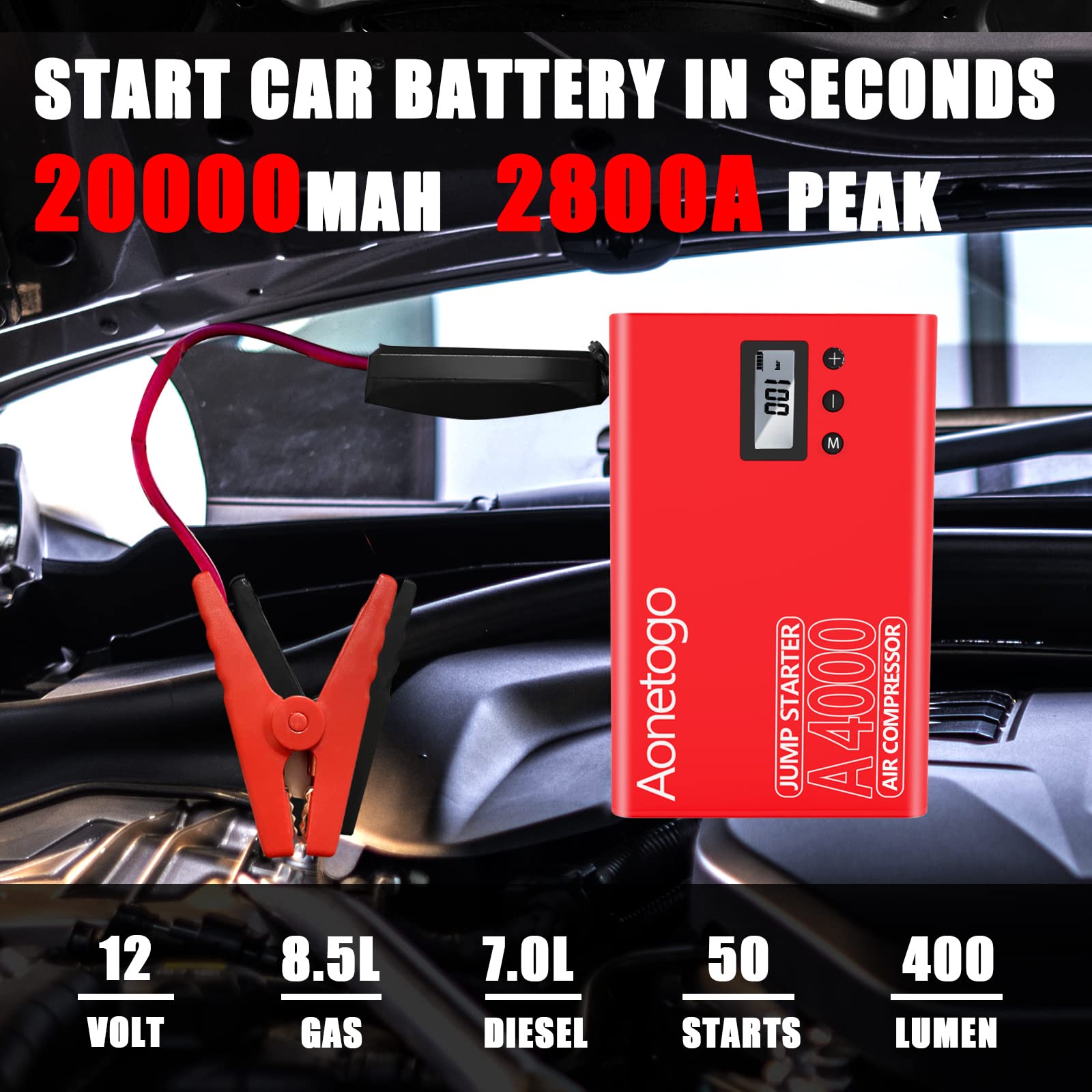 Jump Starter with Air Compressor, 2800A Peak 20000mAh Portable Battery Booster (Up to 8.5L Gas,7L Diesel Engines) with 100PSI Digital Tire Inflator,12V Car Lithium Battery Jump Box Pack Power Charger
