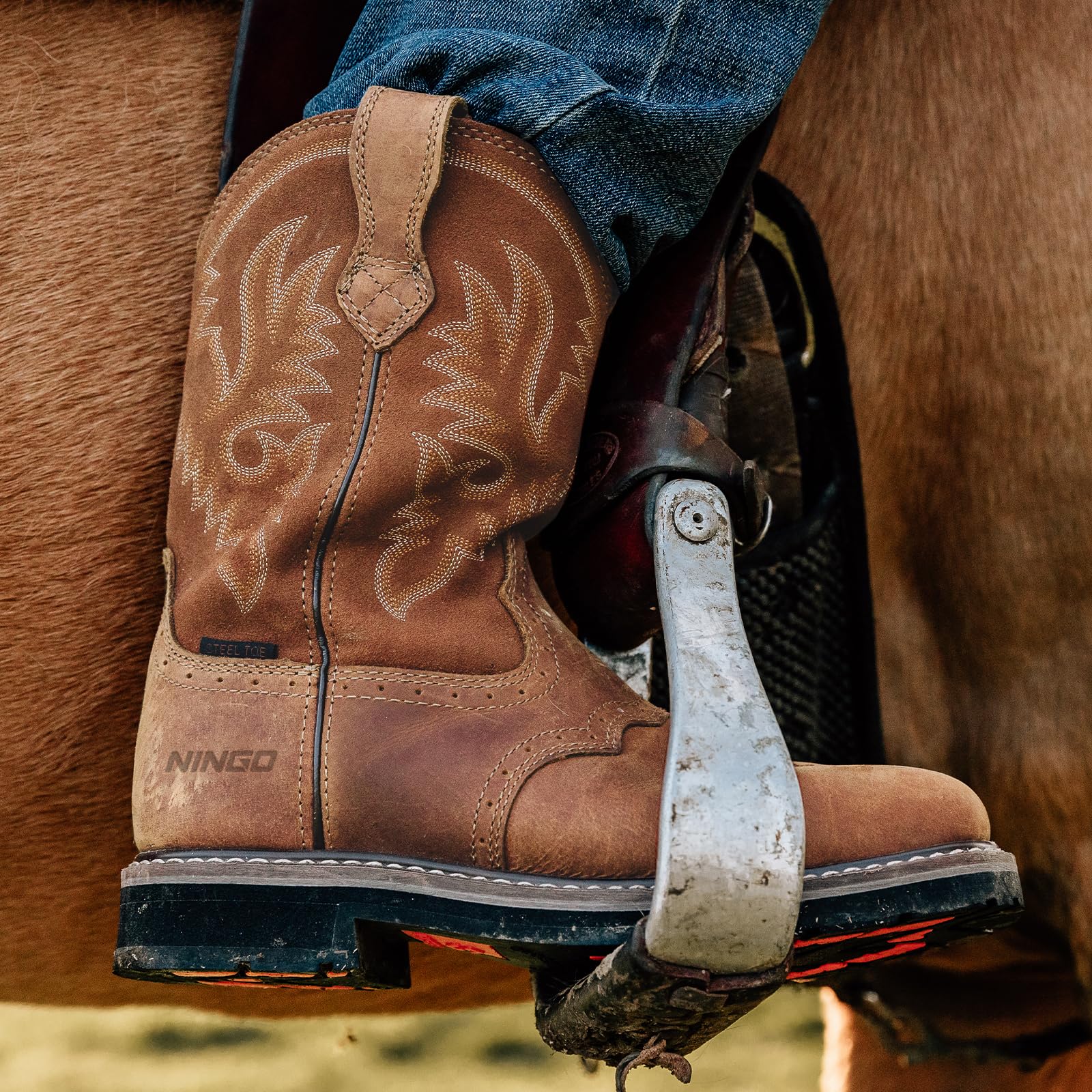 HISEA NINGO Men's Western Cowboy Boots Square Toe Steel/Soft Toe Work Boots Men's Safety Toe Leather Work Boots