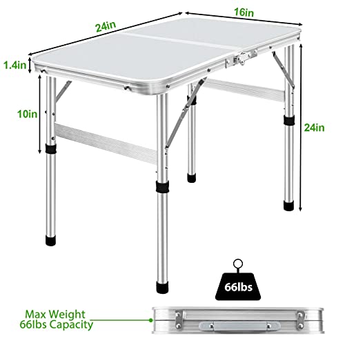 JUOIFIP Folding Camping Table Outdoor, 2 Adjustable Height Portable Folding Camping Table for Camp, Lightweight Aluminum Fold Up Camp Table for Picnic, BBQ, Party, Travel, Home Use. White