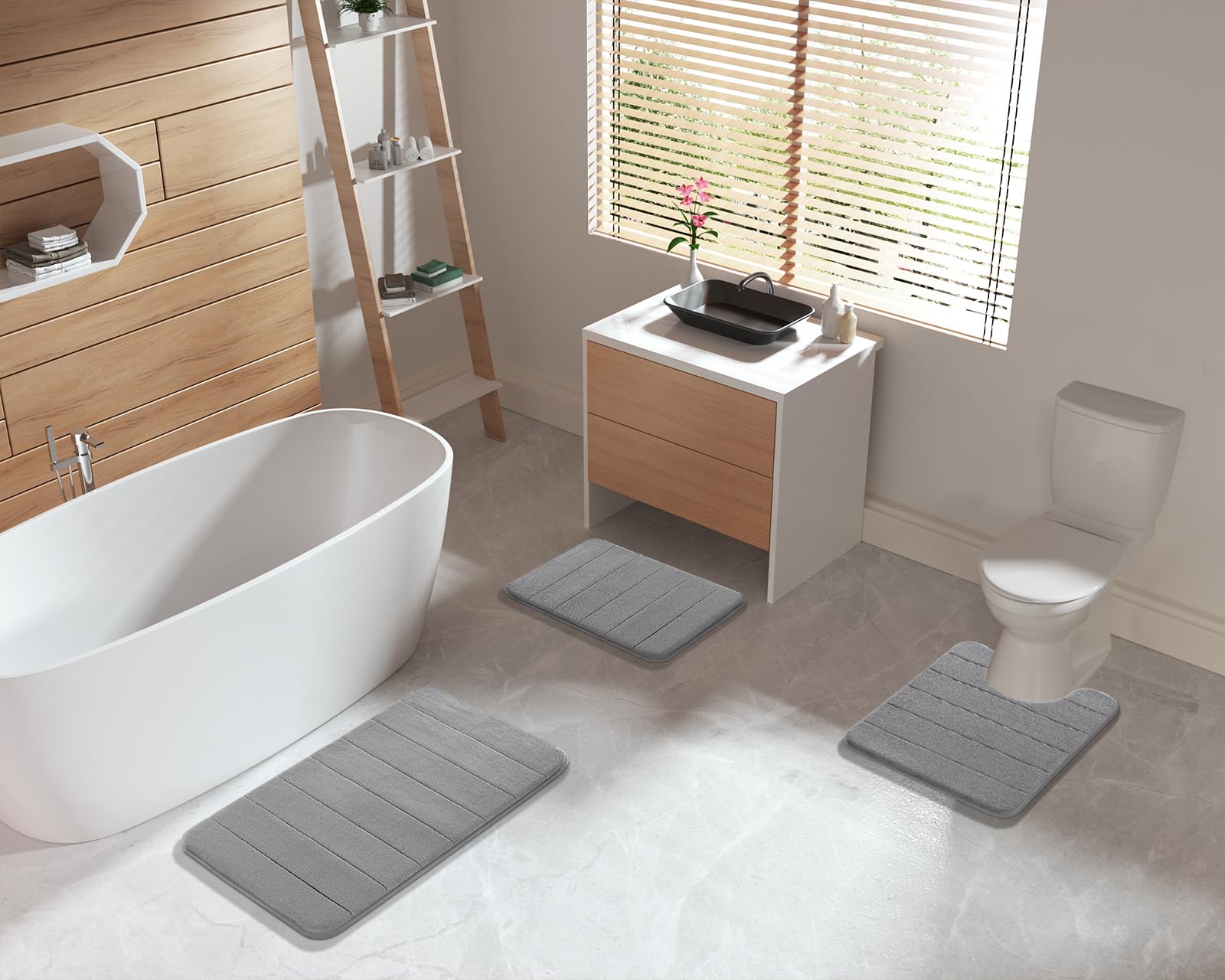 Yimobra Memory Foam Bath Mat Set, 2 Piece Soft Bathroom Rugs, 31.5x19.8 and 24x20.4 U-Shaped Bathroom Rugs, Toilet Mat, Water Absorption, Non Slip, Thick, Dry Fast for Bathroom Floor Mats, Grey