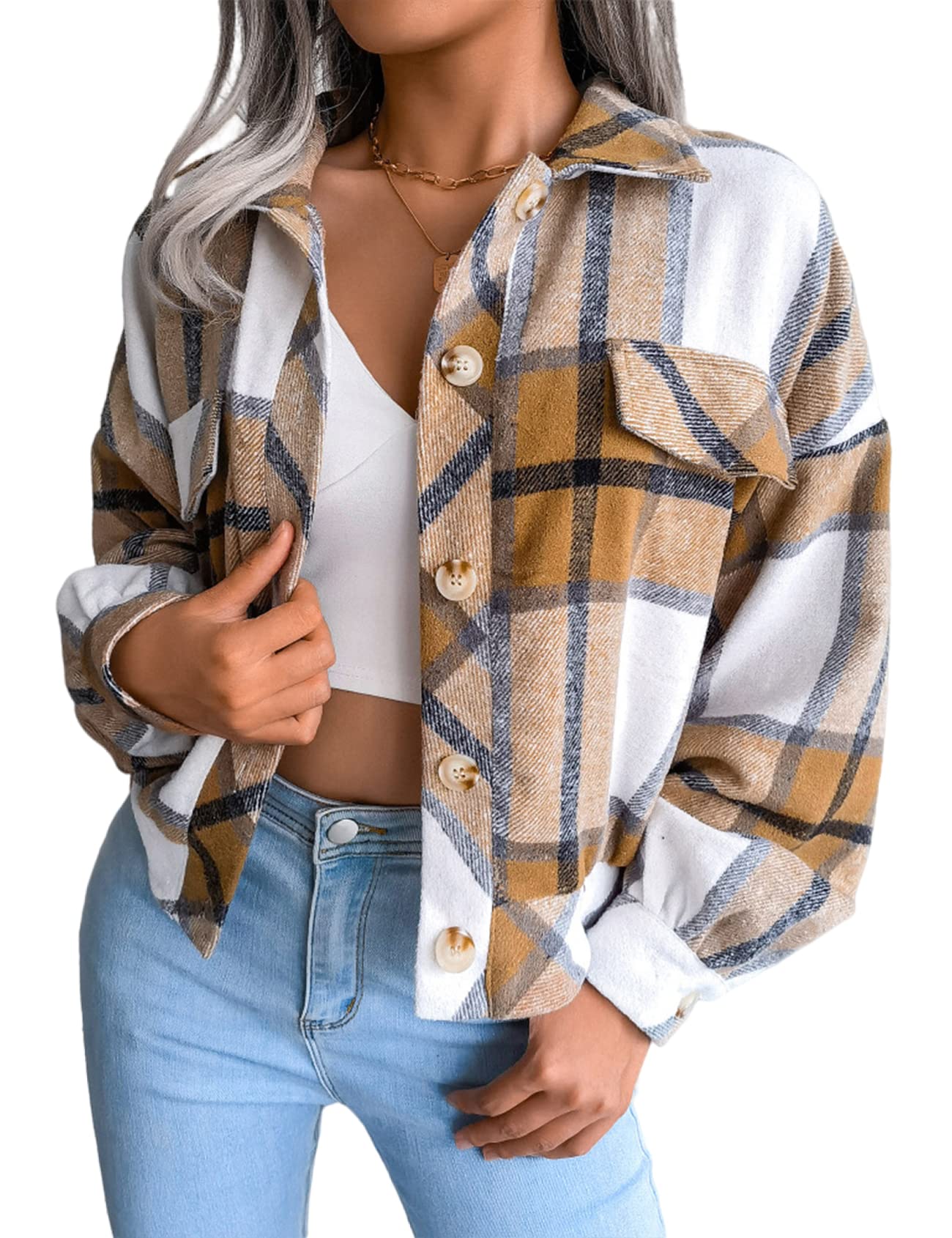 Gihuo Women' s Cropped Shacket Plaid Jacket Button Down Flannel Shirts Outerwear(Khaki-Large)