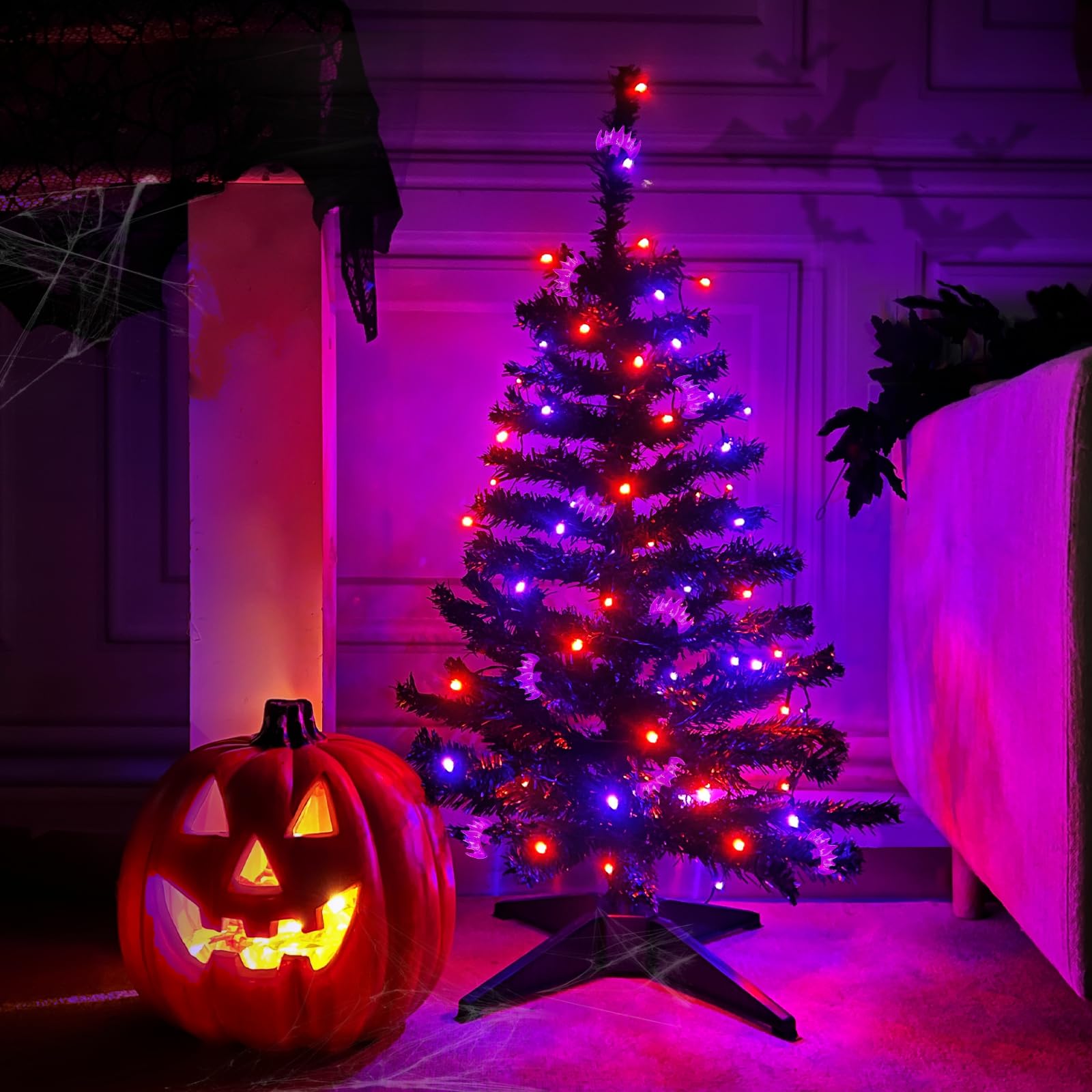 8 Modes TURNMEON 3 Ft Halloween Black Tree Decor with Timer 50 LEDs Lights Small Halloween Tree Battery Powered Artificial Black Xmas Tabletop Halloween Tree Decorations Home Indoor Outdoor Party
