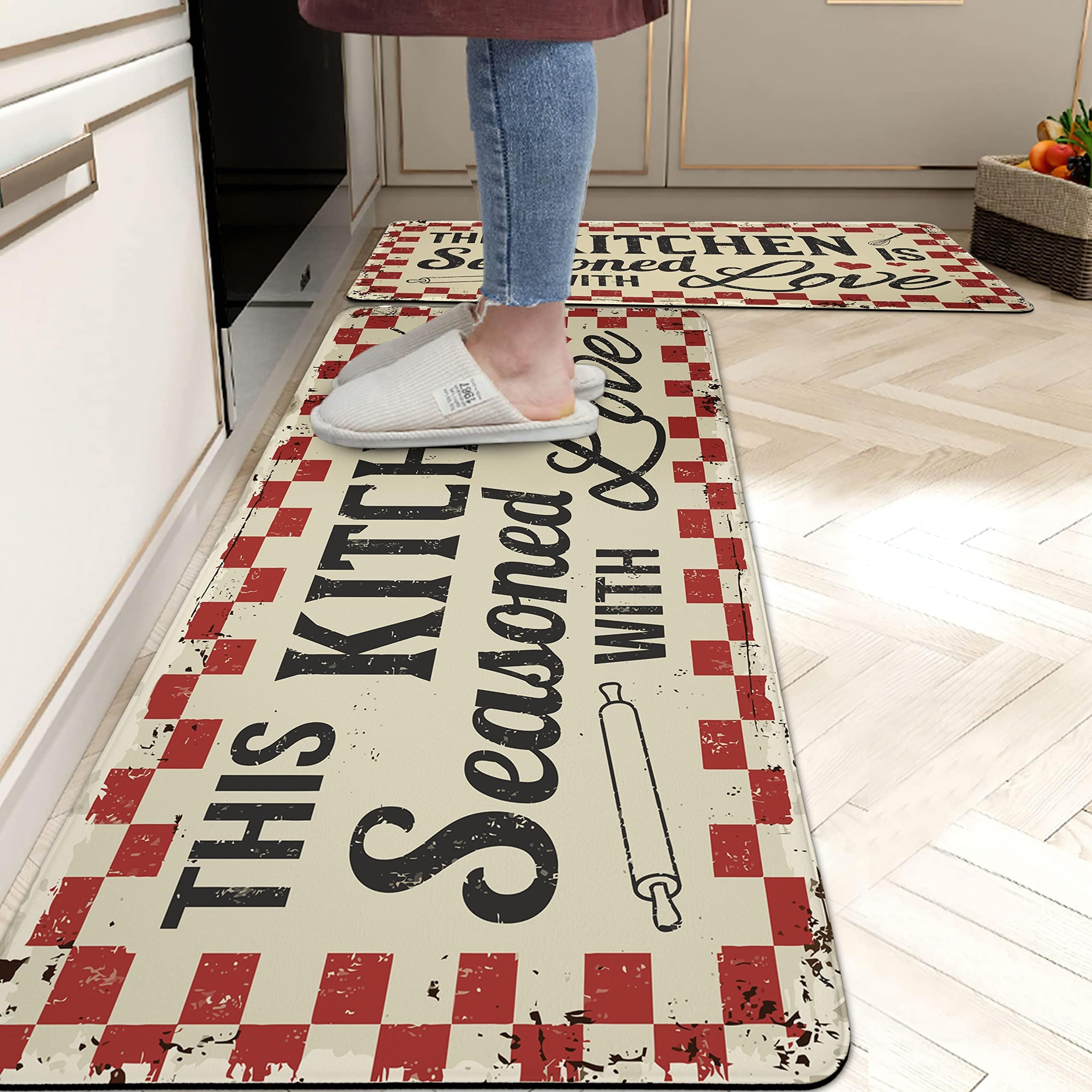 tubeamin Red Buffalo Plaid Kitchen Rugs Set of 2 Anti Fatigue Kitchen Mats for Floor Foam Cushioned Non Slip Kitchen Rug Farmhouse Style Waterproof Comfort Padded Standing Mat for Sink, Laundry