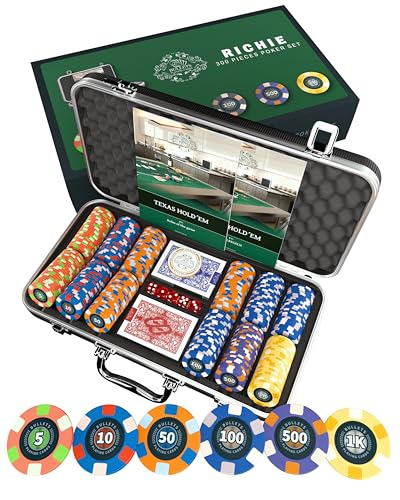 Bullets Playing Cards Poker Sets with Case - Versatile Denominations for Poker, Blackjack, & Casino Games - Durable & Complete Set - Poker Case with 300 Ceramic Poker Chips 'Richie' with Values