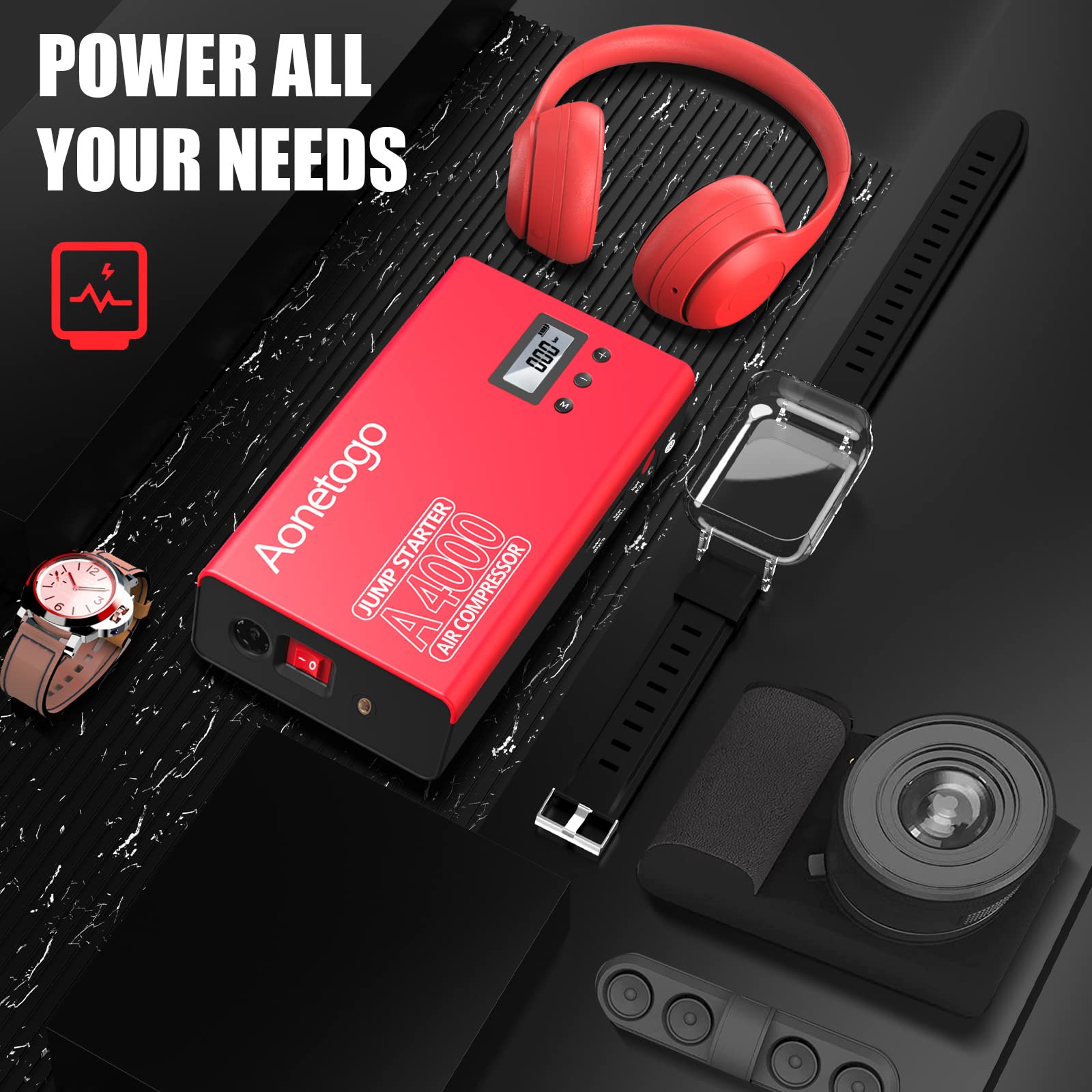 Jump Starter with Air Compressor, 2800A Peak 20000mAh Portable Battery Booster (Up to 8.5L Gas,7L Diesel Engines) with 100PSI Digital Tire Inflator,12V Car Lithium Battery Jump Box Pack Power Charger
