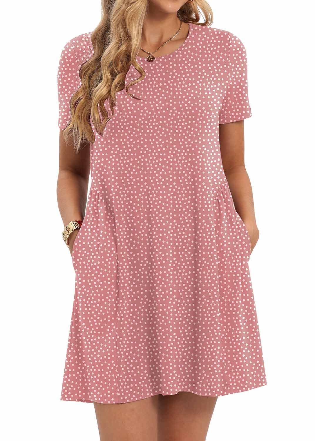 CHARMYI Tshirt Dresses for Women Casual Summer Dress for Women Tunic Swing Loose Pleated T Shirt Dress for Women with Pockets Simple Sundresses Printed Party Midi Flowy Cute Pink Floral 26 L