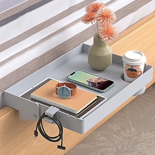 SPACELEAD Bedside Shelf for Bed – College Dorm Room Clip On Nightstand with Cup Holder & Cord Holder -Tray Table Caddy for Students – Bunk Bed Shelf for Organizer Top for Bedroom (Grey,Plastic)