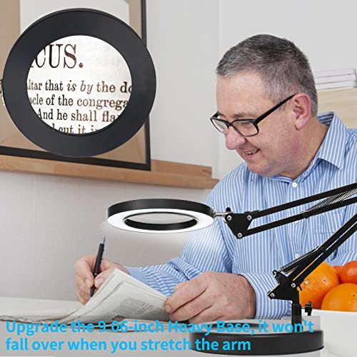 KUVRS 10X Magnifying Glass with Light and Stand, 9.06'' Heavy Base Magnifying Lamp, 3 Color Stepless Dimming, Real Glass Lens&Swing Arm Desktop Lighted Magnifying Glass for Crafts Soldering Jewellery