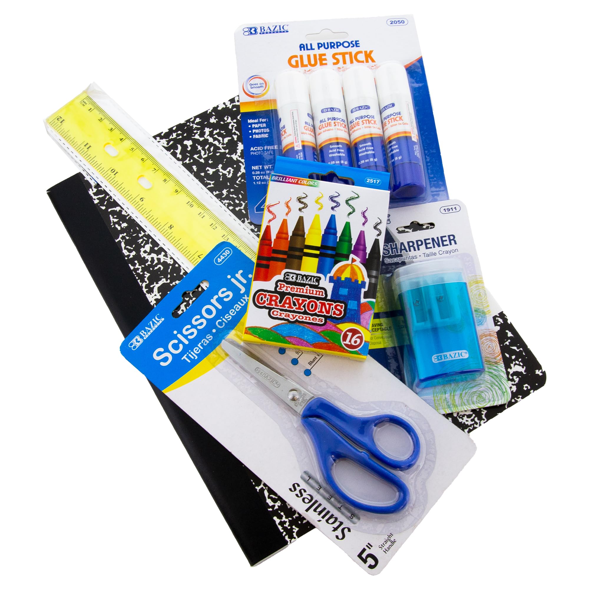 BAZIC School Kit Pack 60 Count, School Supply Box for Elementary Student K-6, Ruler Composition Book Pencil Eraser Crayon, 1-Pack