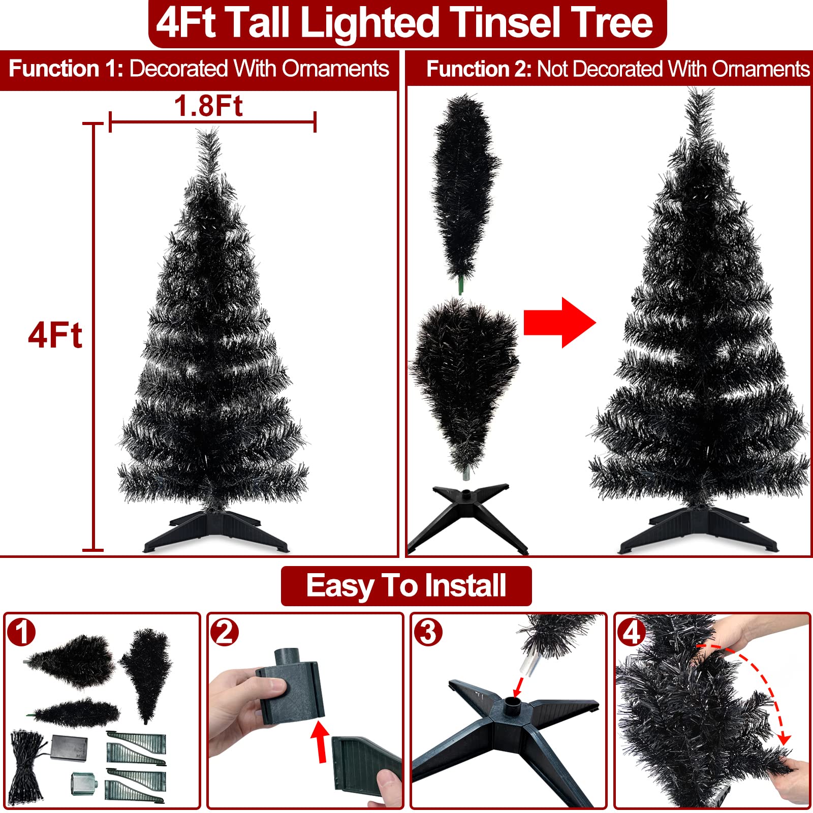 TURNMEON 4 Ft 80 LED Orange Purple Lighted Halloween Tree Decor with Timer DIY 25 Bats Ornament Battery Powered Full Artificial Black Xmas Christmas Tree Halloween Decorations Home Indoor Outdoor
