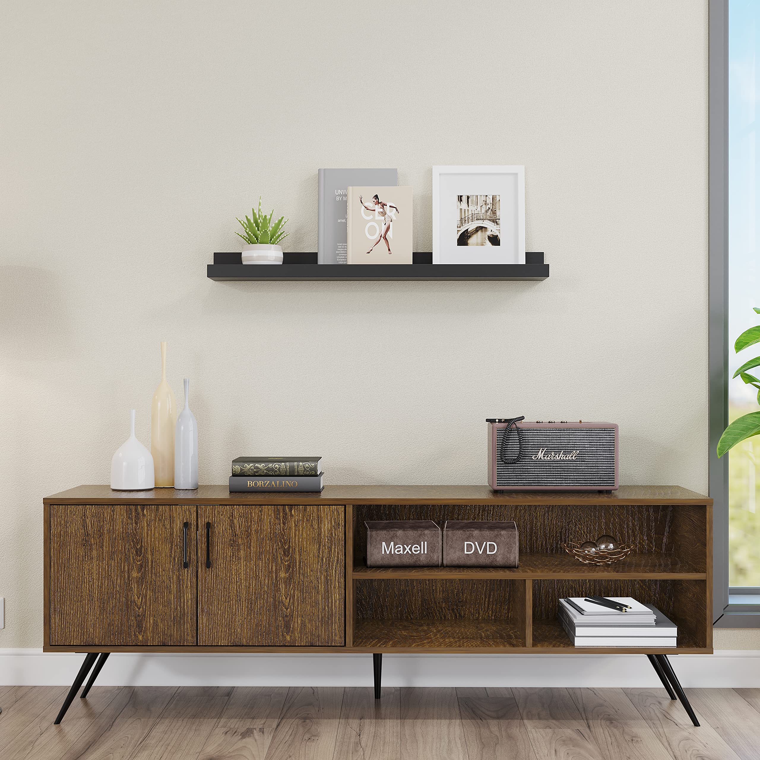 Panana 62.99" TV Stand Television Stands TV Console Unit with 3 Open Cubby and 2 Doors for Living Room Bedroom for TVs up to 70 Inches, Walnut