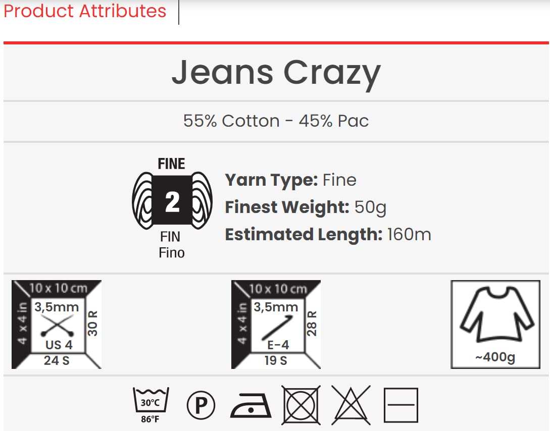 YarnArt Jeans Crazy 55% Cotton 45% PAC , Amigurumi Cotton Yarn, 2 Sport Yarn, 1 Skein/Ball 50 gr 174 yds (7202)