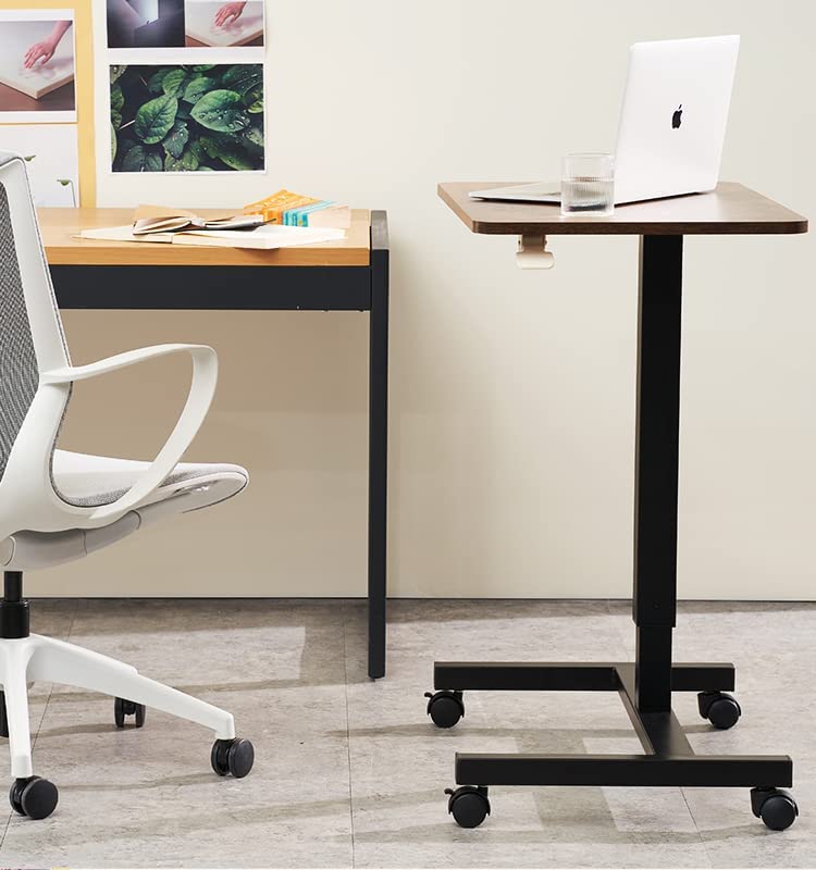 CLATINA Mobile Laptop Desk Pneumatic Sit to Stand Table Height Adjustable Rolling Cart with Lockable Wheels for Home Office Computer Workstation 28" x 19" Brown Round Edge Design Elegant - Fidel