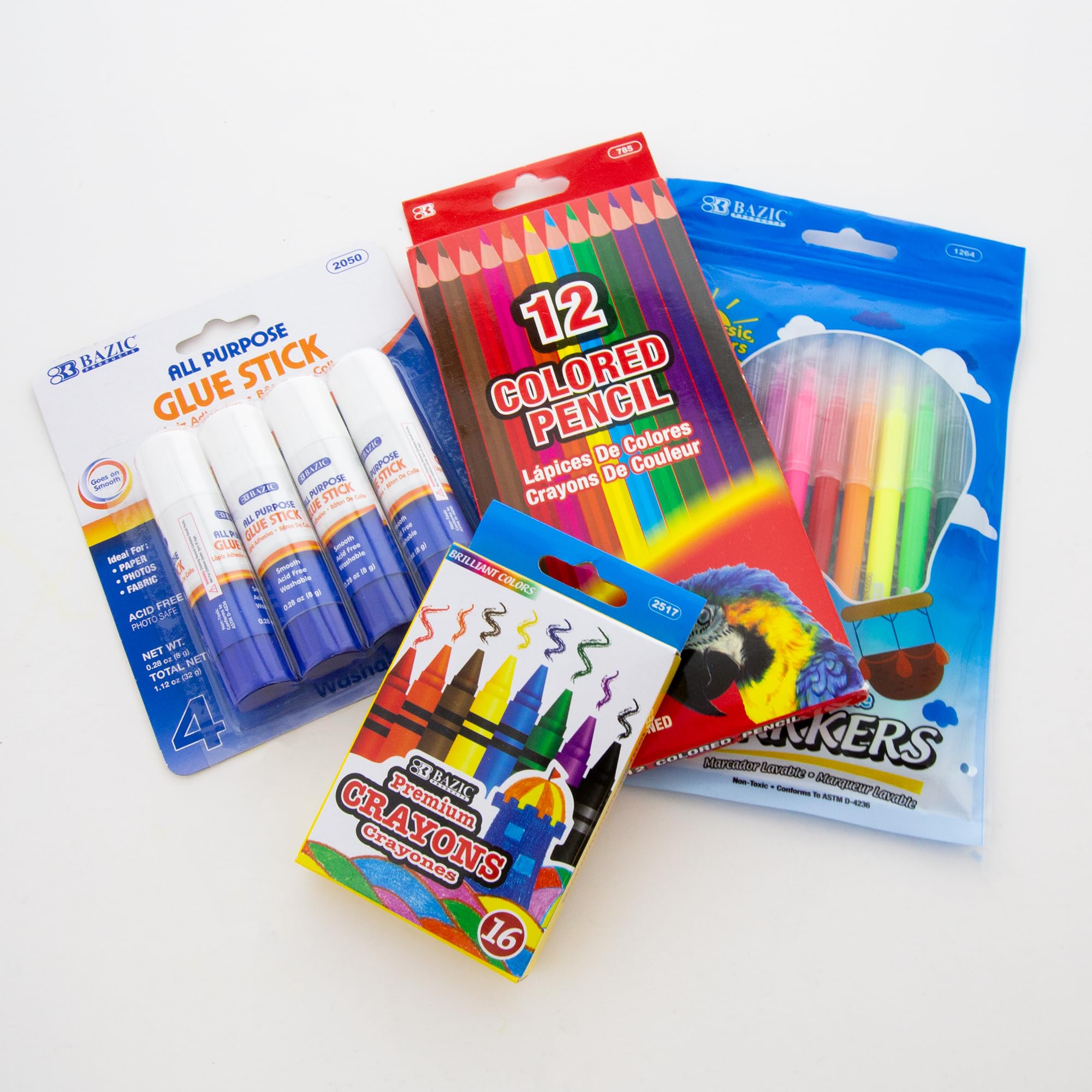 BAZIC School Kit Pack 60 Count, School Supply Box for Elementary Student K-6, Ruler Composition Book Pencil Eraser Crayon, 1-Pack