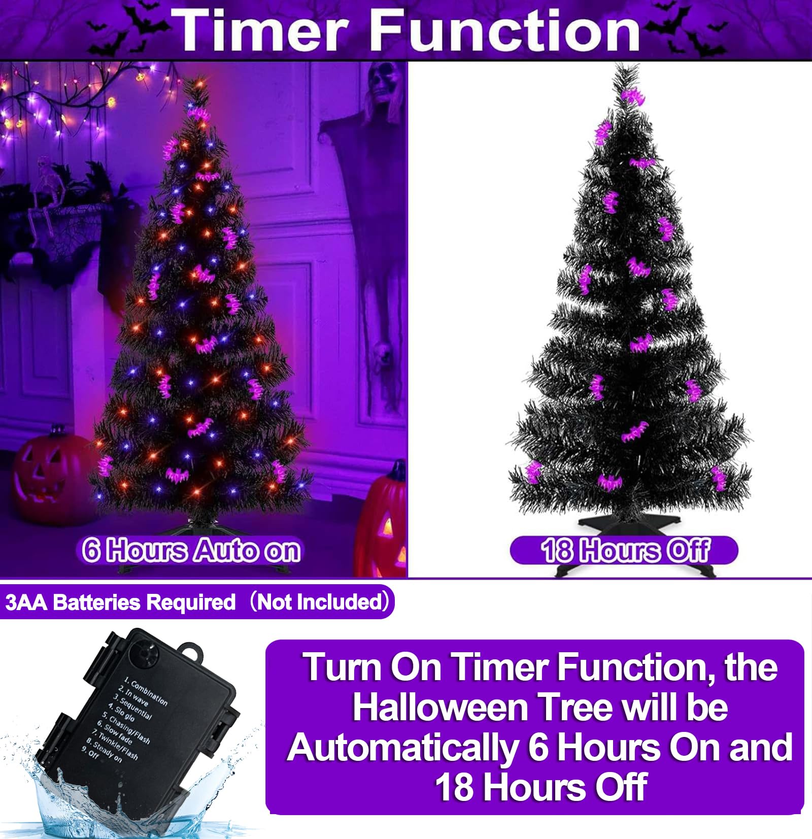 TURNMEON 4 Ft 80 LED Orange Purple Lighted Halloween Tree Decor with Timer DIY 25 Bats Ornament Battery Powered Full Artificial Black Xmas Christmas Tree Halloween Decorations Home Indoor Outdoor