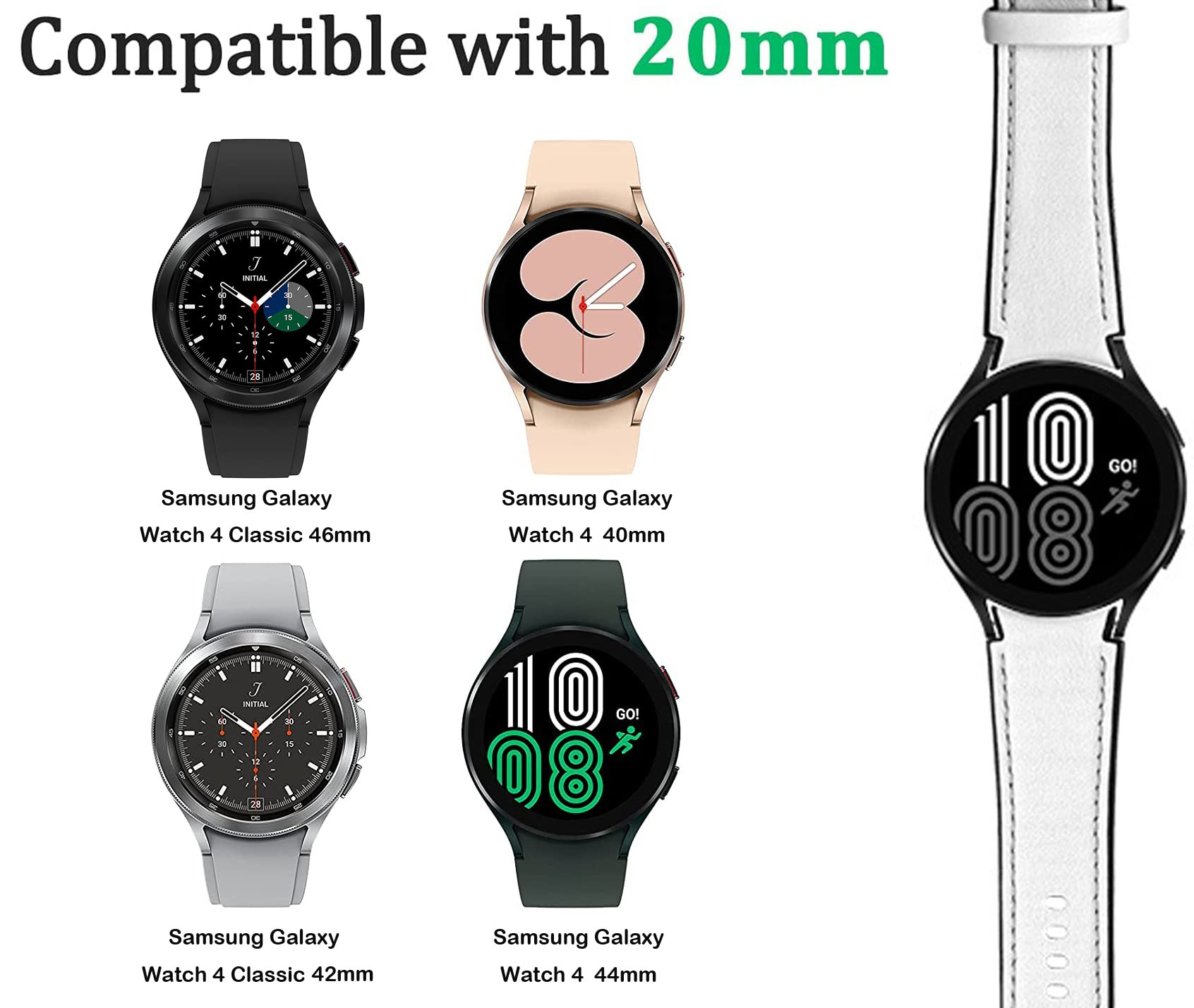 PU Leather Bands Compatible for Samsung Galaxy Watch 4 Band 40mm 44mm,20mm Adjustable Sport Replacement Watch Band Straps for Galaxy Watch 4 Classic Band 42mm 46mm Women Men, White