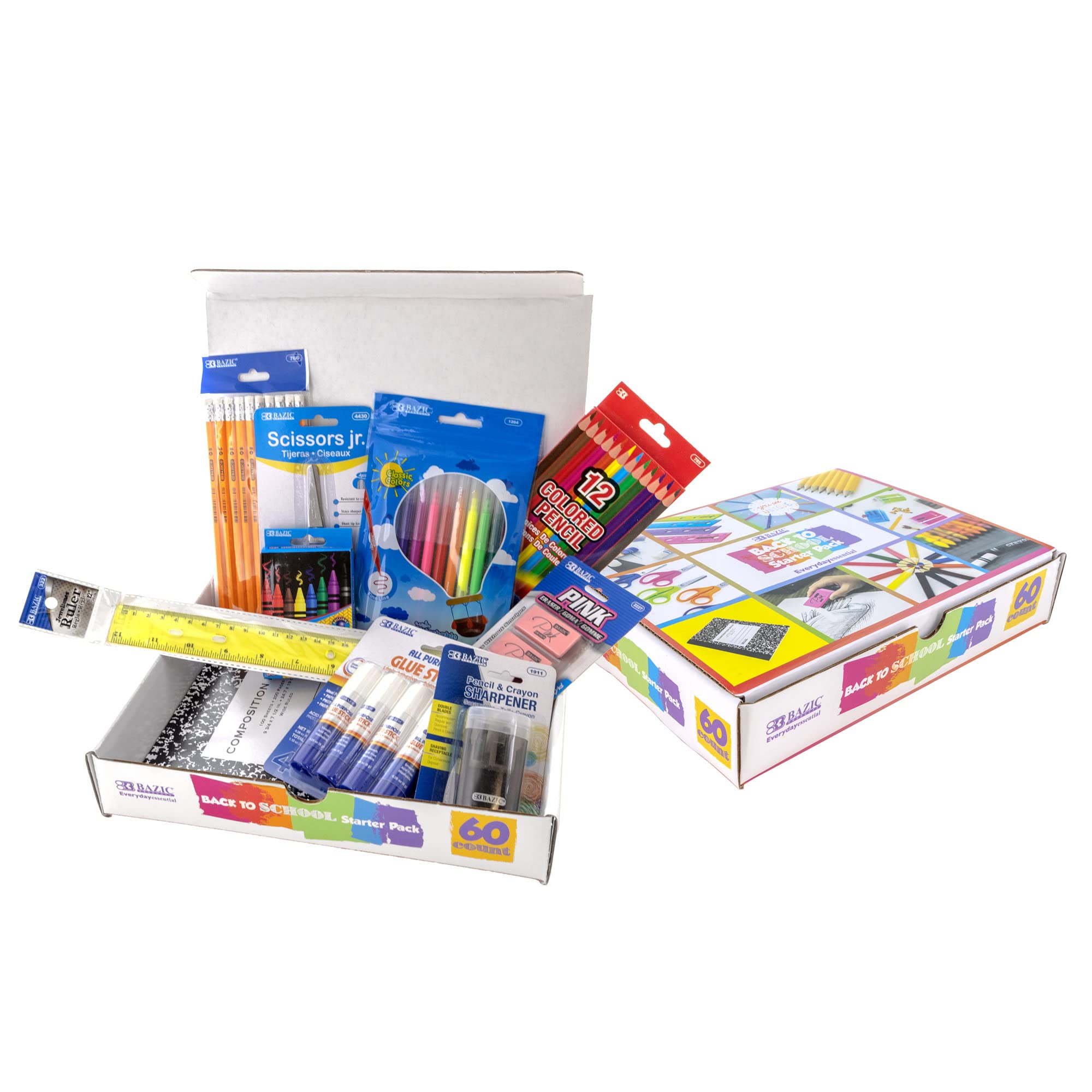 BAZIC School Kit Pack 60 Count, School Supply Box for Elementary Student K-6, Ruler Composition Book Pencil Eraser Crayon, 1-Pack