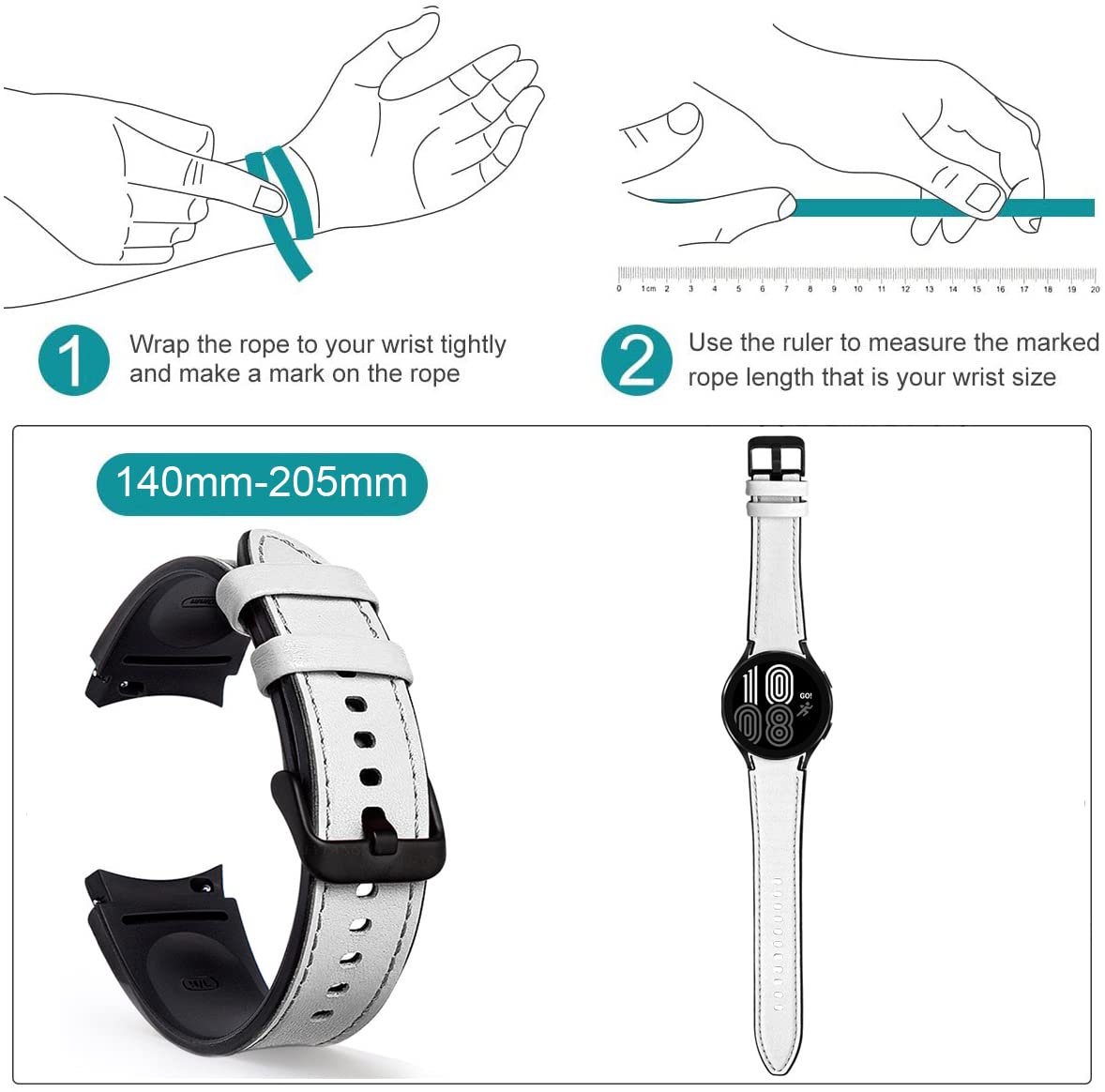 PU Leather Bands Compatible for Samsung Galaxy Watch 4 Band 40mm 44mm,20mm Adjustable Sport Replacement Watch Band Straps for Galaxy Watch 4 Classic Band 42mm 46mm Women Men, White