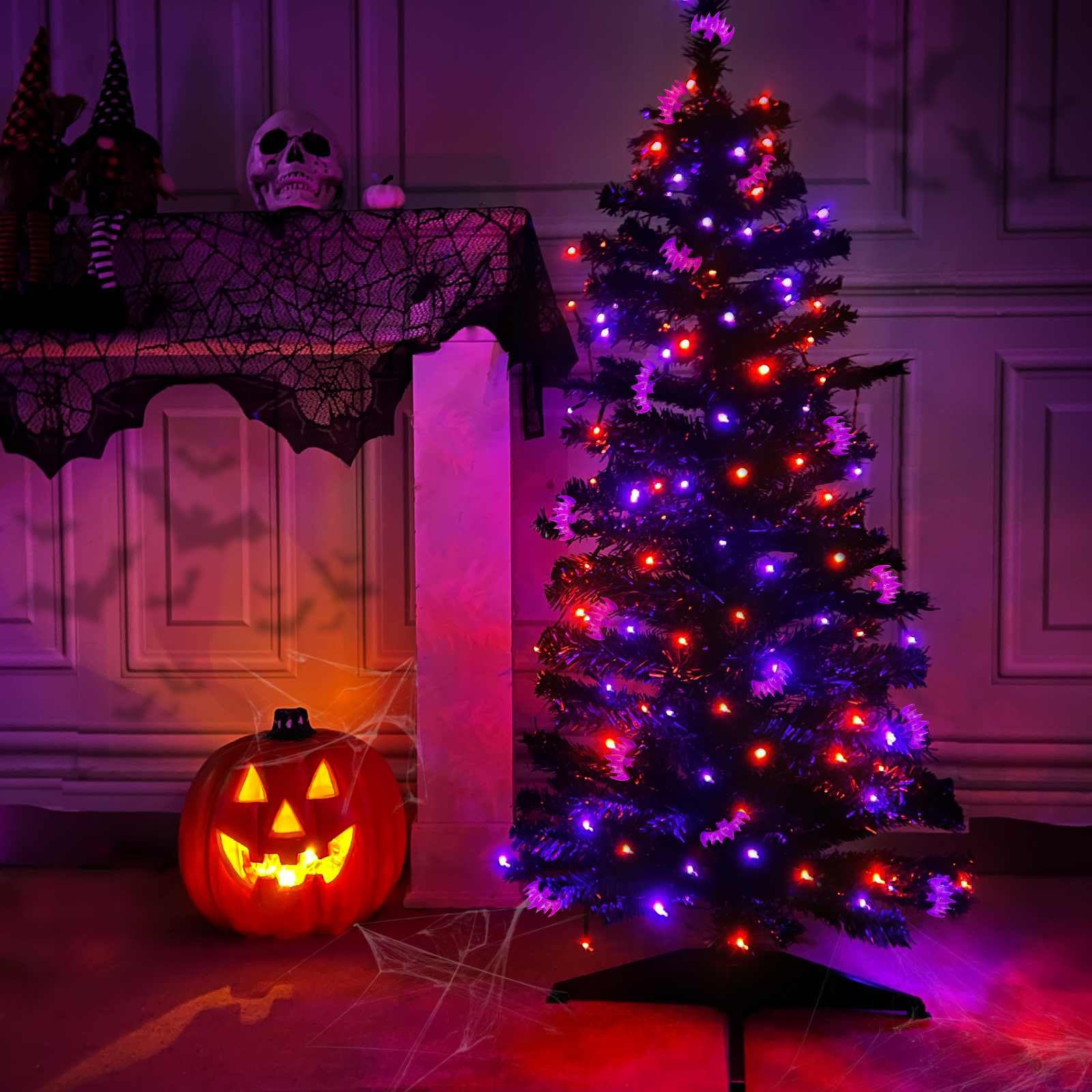 TURNMEON 4 Ft 80 LED Orange Purple Lighted Halloween Tree Decor with Timer DIY 25 Bats Ornament Battery Powered Full Artificial Black Xmas Christmas Tree Halloween Decorations Home Indoor Outdoor