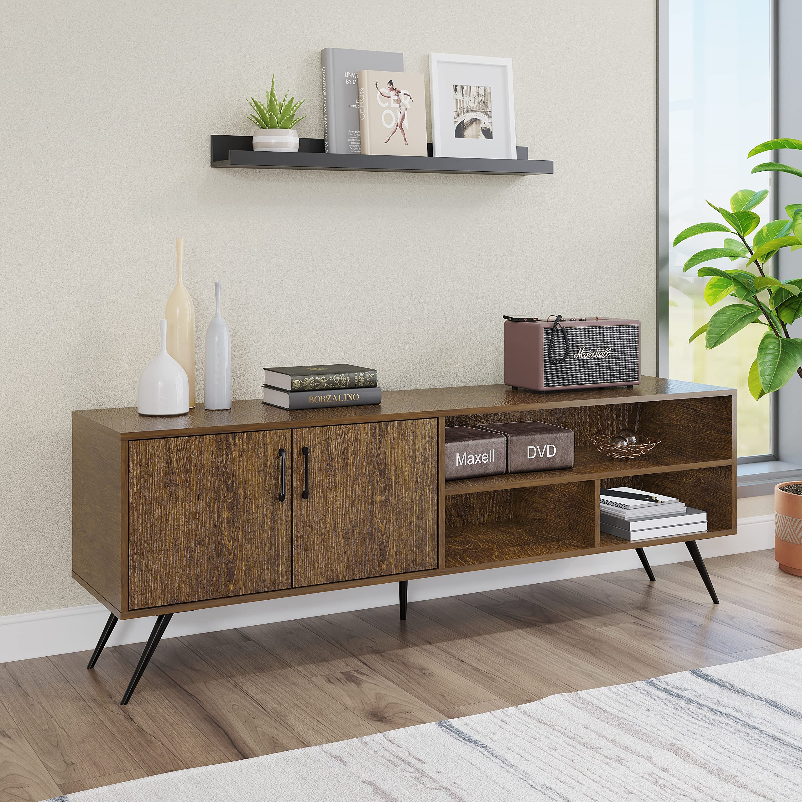 Panana 62.99" TV Stand Television Stands TV Console Unit with 3 Open Cubby and 2 Doors for Living Room Bedroom for TVs up to 70 Inches, Walnut