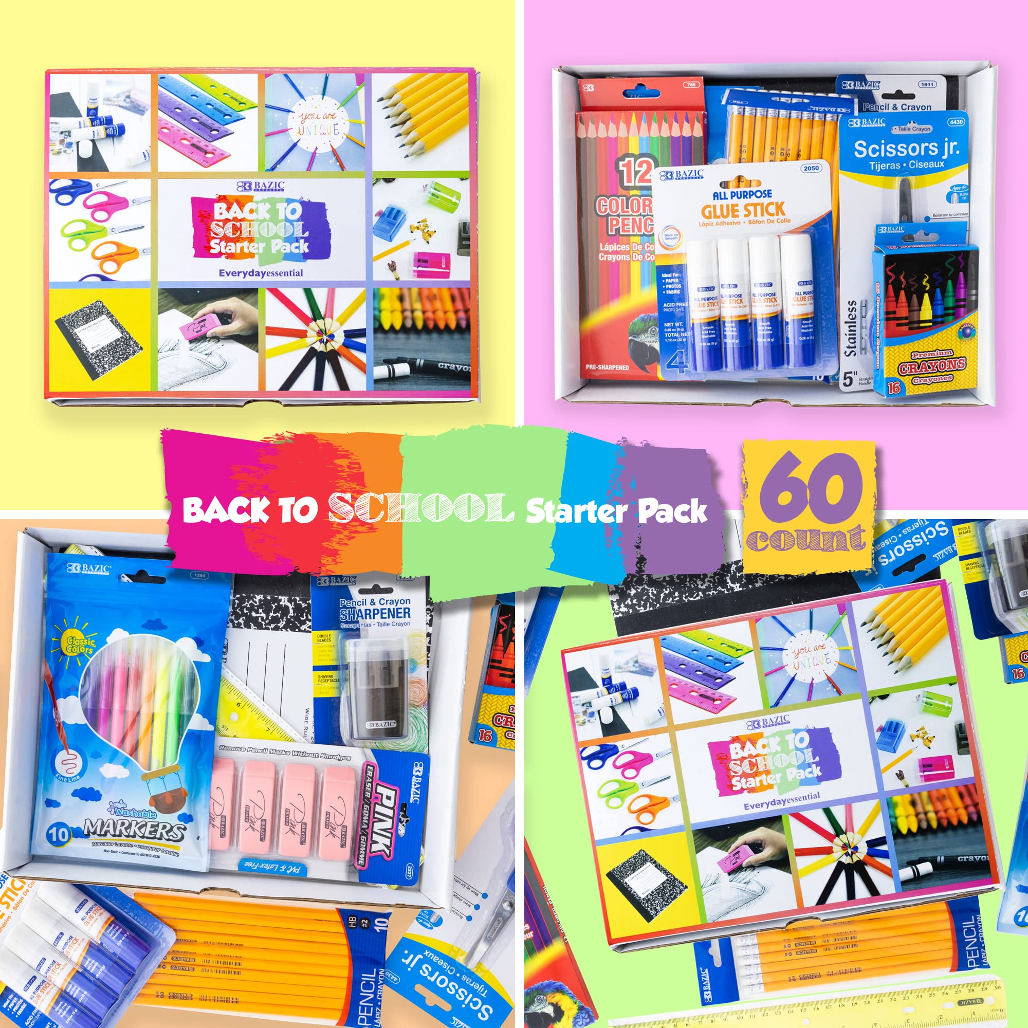 BAZIC School Kit Pack 60 Count, School Supply Box for Elementary Student K-6, Ruler Composition Book Pencil Eraser Crayon, 1-Pack
