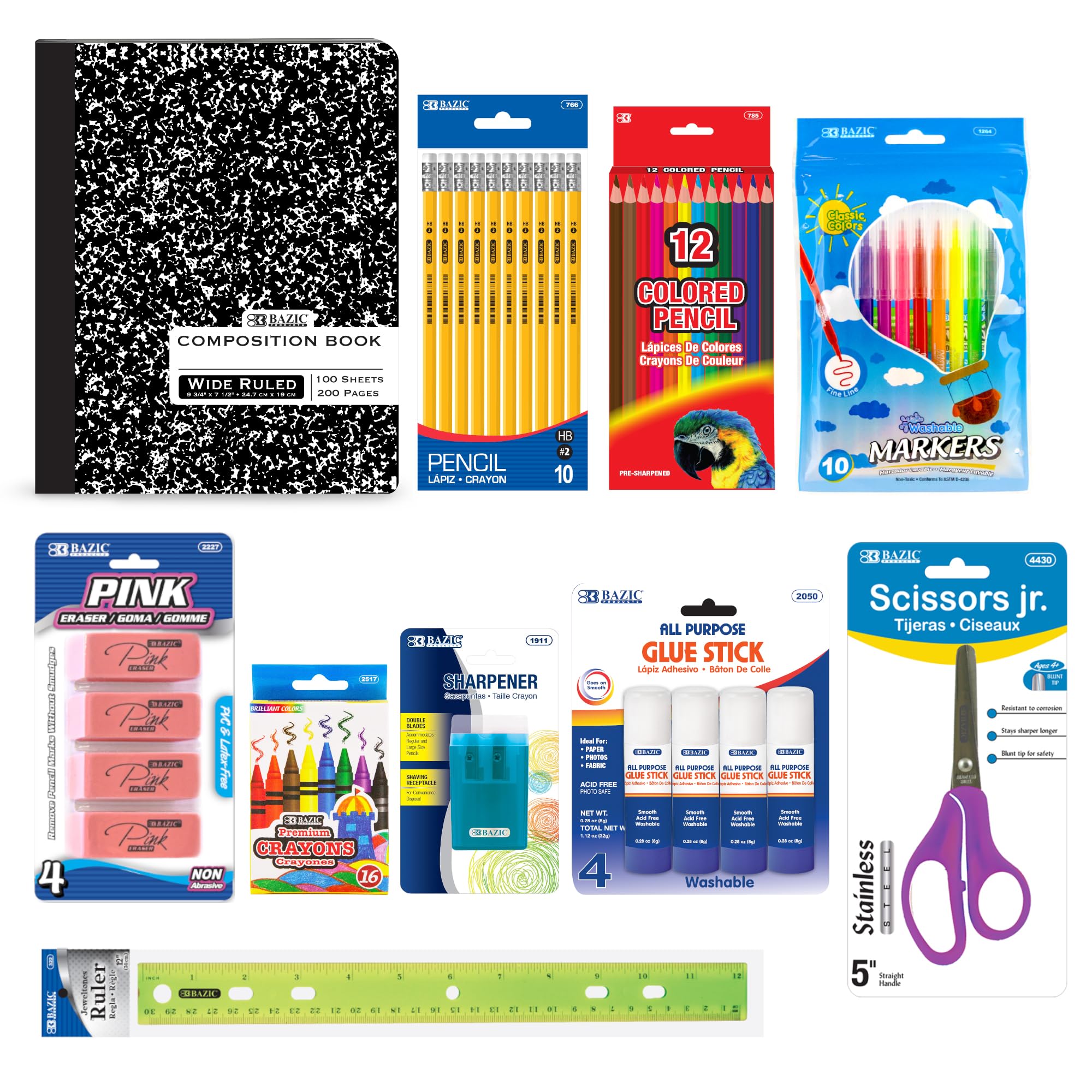 BAZIC School Kit Pack 60 Count, School Supply Box for Elementary Student K-6, Ruler Composition Book Pencil Eraser Crayon, 1-Pack