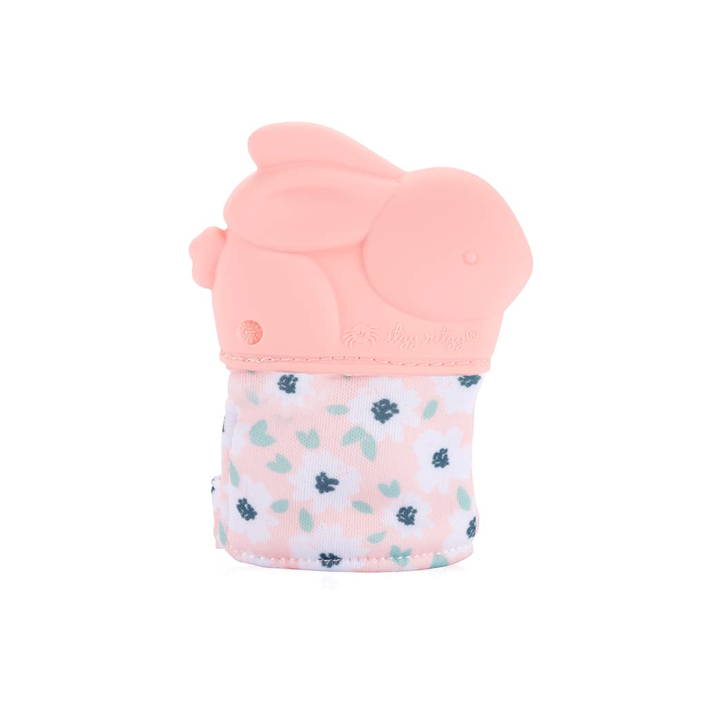 Itzy Ritzy Silicone Teething Mitt - Soothing Infant Teething Mitten with Adjustable Strap, Crinkle Sound & Textured Silicone to Soothe Sore & Swollen Gums - Baby Teething Toy for 3 Mos & Up, Bunny