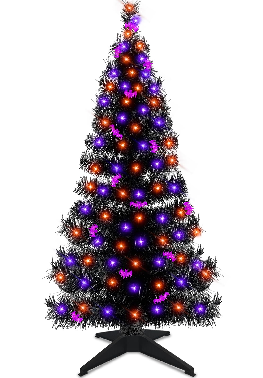 TURNMEON 4 Ft 80 LED Orange Purple Lighted Halloween Tree Decor with Timer DIY 25 Bats Ornament Battery Powered Full Artificial Black Xmas Christmas Tree Halloween Decorations Home Indoor Outdoor