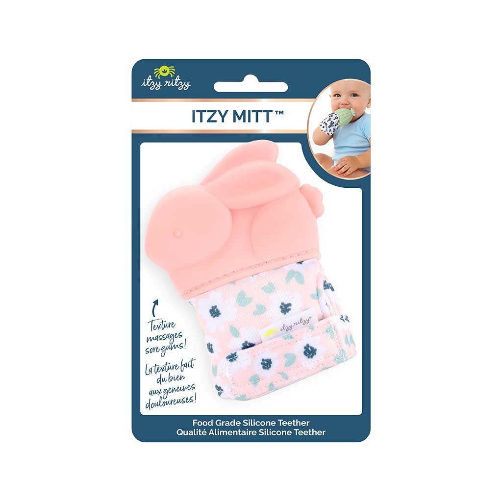Itzy Ritzy Silicone Teething Mitt - Soothing Infant Teething Mitten with Adjustable Strap, Crinkle Sound & Textured Silicone to Soothe Sore & Swollen Gums - Baby Teething Toy for 3 Mos & Up, Bunny