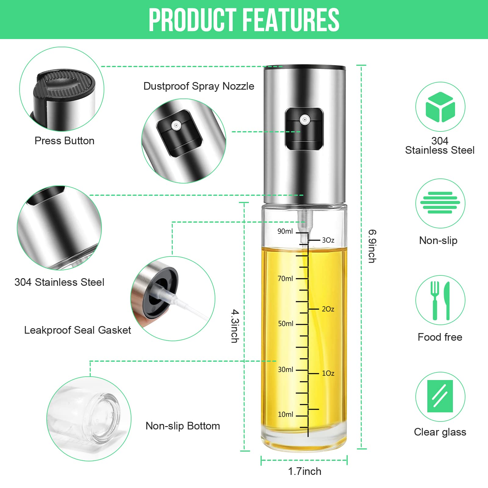 Olive Oil Sprayer and Dispenser with Silicone Brush for Cooking, Spray Bottle Set, Glass Dispenser, Mister, Salad, BBQ, Kitchen Baking, Roasting, Air Fryer, 2 Pack, (KP02)