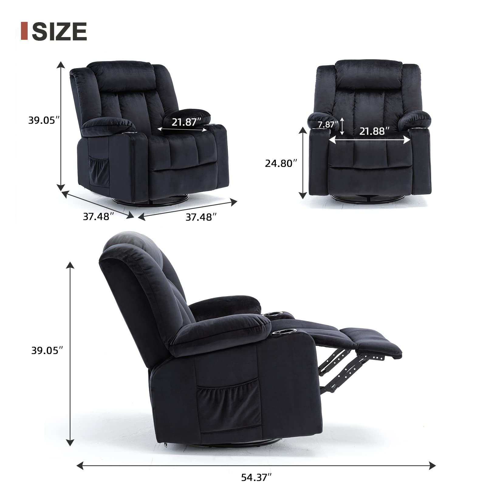 COMHOMA Recliner Chair Massage Rocker with Heated 360 Degree Swivel Lazy Boy Recliner Single Sofa Seat with Cup Holders for Living Room (Black)