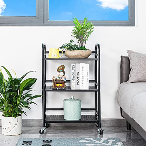 HDANI 3 Tier Rolling Cart,Heavy Duty Multifunctional Metal Frame-Supports 40 Lbs Per Tier,Rolling Cart with 2 Lockable Wheels for Office,Home,Bedroom,Kitchen,Bathroom (Black)
